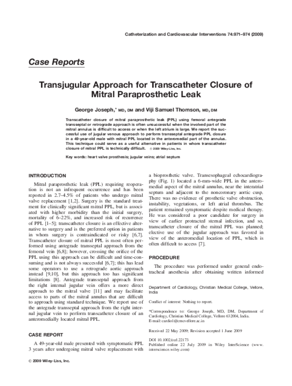 (PDF) Transjugular approach for transcatheter closure of mitral ...