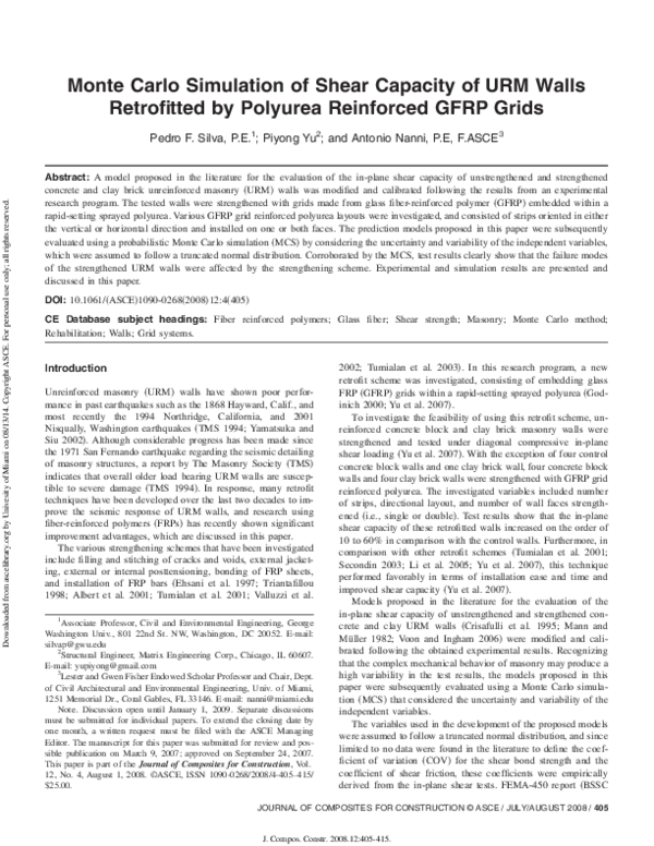 (PDF) Monte Carlo Simulation of Shear Capacity of URM Walls Retrofitted by Polyurea Reinforced ...