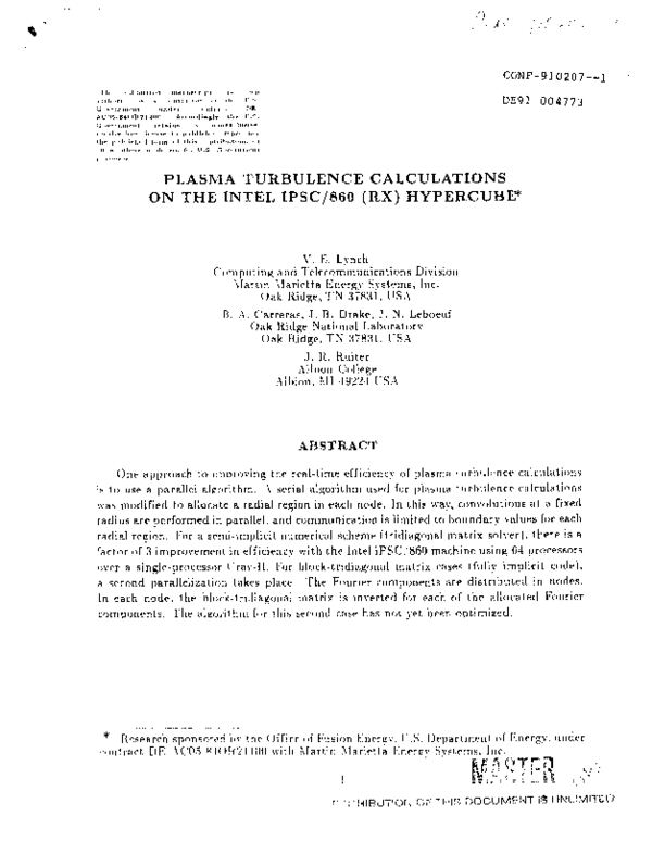 (PDF) Plasma turbulence calculations on the intel iPSC/860 (RX) hypercube