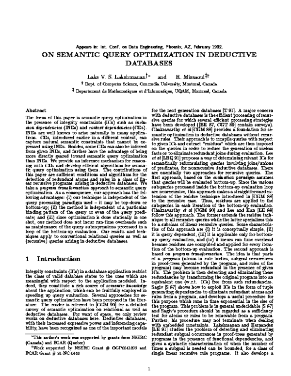 (PDF) On semantic query optimization in deductive databases