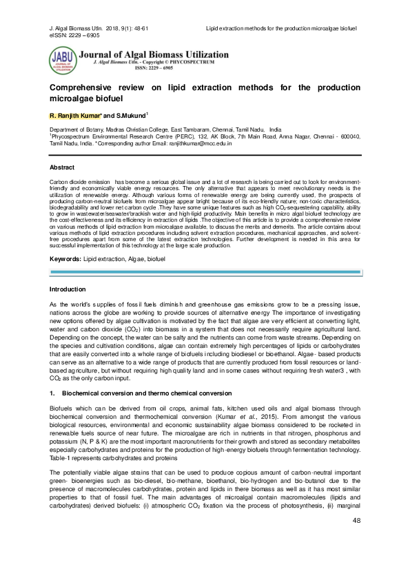 (PDF) Comprehensive review on lipid extraction methods for the production microalgae biofuel