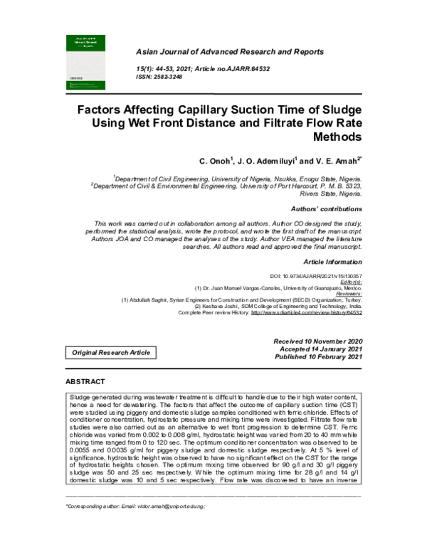 (PDF) Factors Affecting Capillary Suction Time of Sludge Using Wet ...