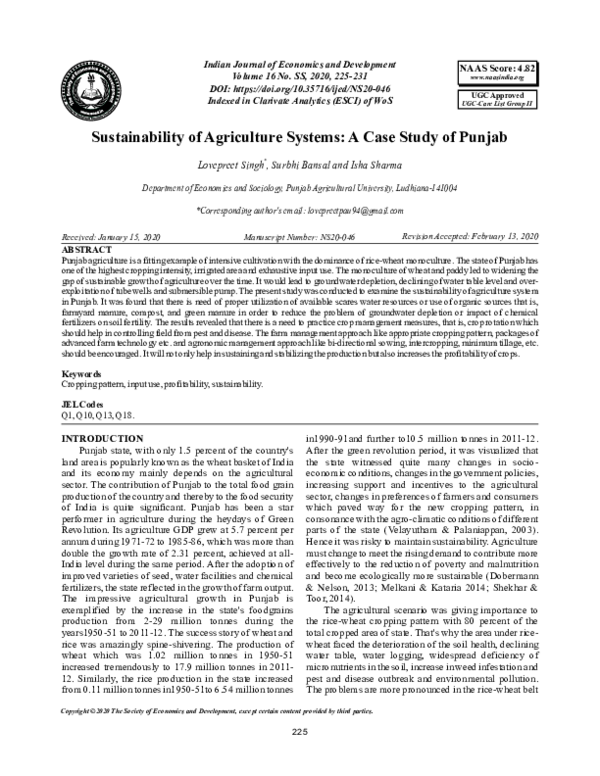 (PDF) Sustainability of Agriculture Systems: A Case Study of Punjab