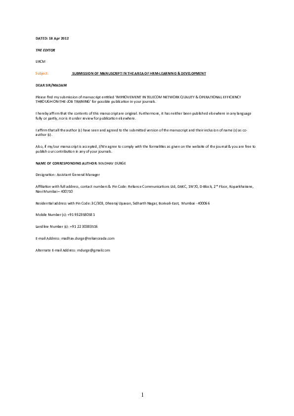 (DOC) Improvement in Network Quality & Operational Efficiency Through ...