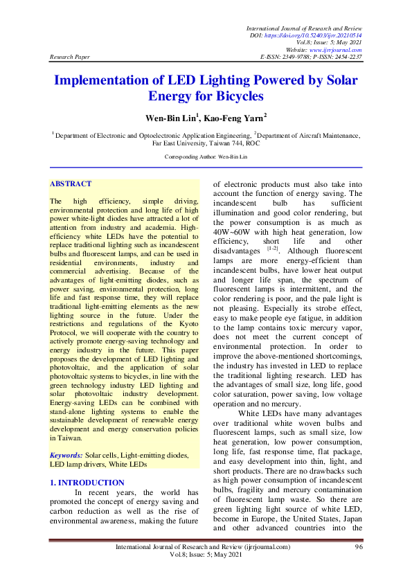 (PDF) Implementation of LED Lighting Powered by Solar Energy for Bicycles