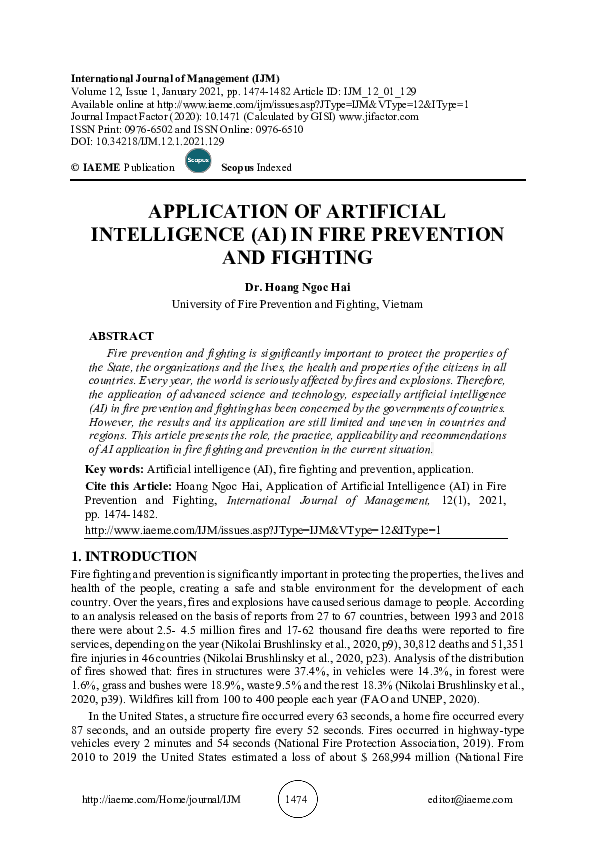 (PDF) APPLICATION OF ARTIFICIAL INTELLIGENCE (AI) IN FIRE PREVENTION ...