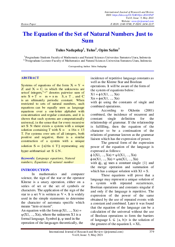 (PDF) The Equation of the Set of Natural Numbers Just to Sum