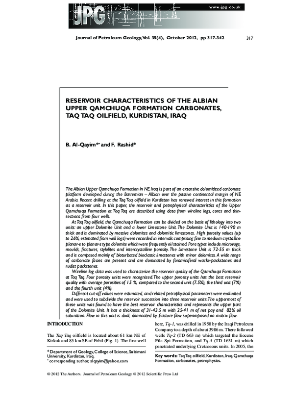 (PDF) Reservoir Characteristics of the Albian Upper Qamchuqa Formation ...