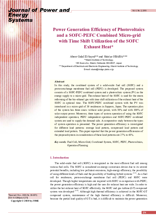 Power Generation Efficiency of Photovoltaics and a SOFC-PEFC Combined Micro-grid with Time Shift ...