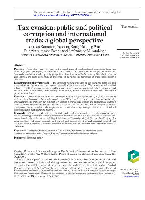 (PDF) Tax evasion; public and political corruption and international ...
