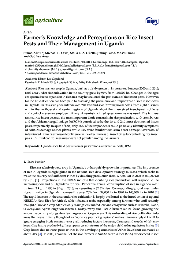 (PDF) Farmer’s Knowledge and Perceptions on Rice Insect Pests and Their Management in Uganda