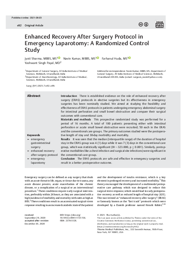 (PDF) Enhanced Recovery After Surgery Protocol in Emergency Laparotomy ...
