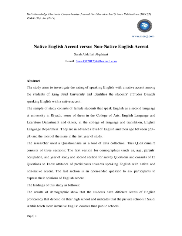 (PDF) Native English Accent versus Non-Native English Accent (PDF) Native English Accent versus Non-Native English Accent