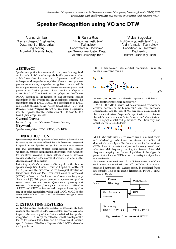 (PDF) Speaker Recognition using VQ and DTW