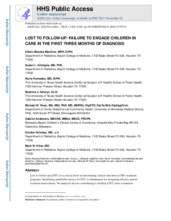 (PDF) Lost to follow-up: failure to engage children in care in the ...