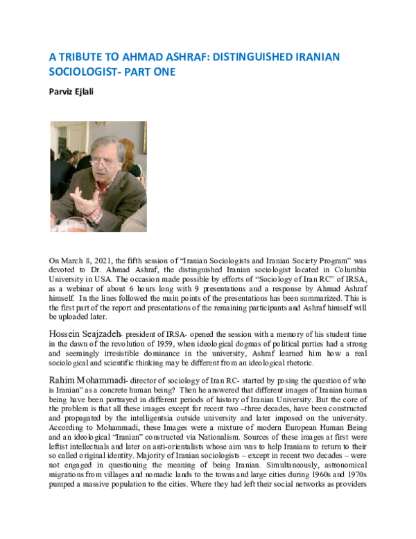 (PDF) A TRIBUTE TO AHMAD ASHRAF: DISTINGUISHED IRANIAN SOCIOLOGIST-PART ...