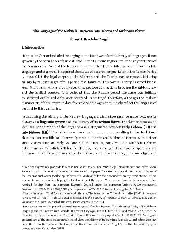 (PDF) The Language of the Mishnah -Between Late Hebrew and Mishnaic Hebrew
