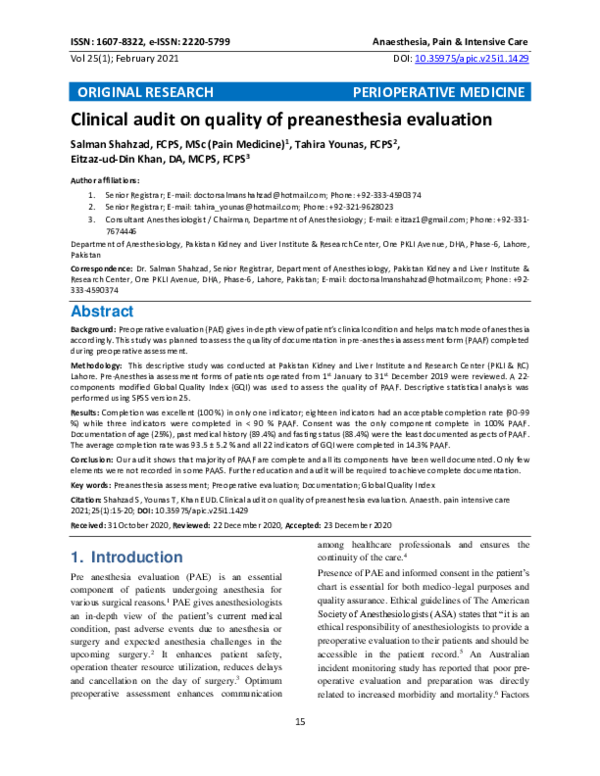 (PDF) Clinical audit on quality of preanesthesia evaluation