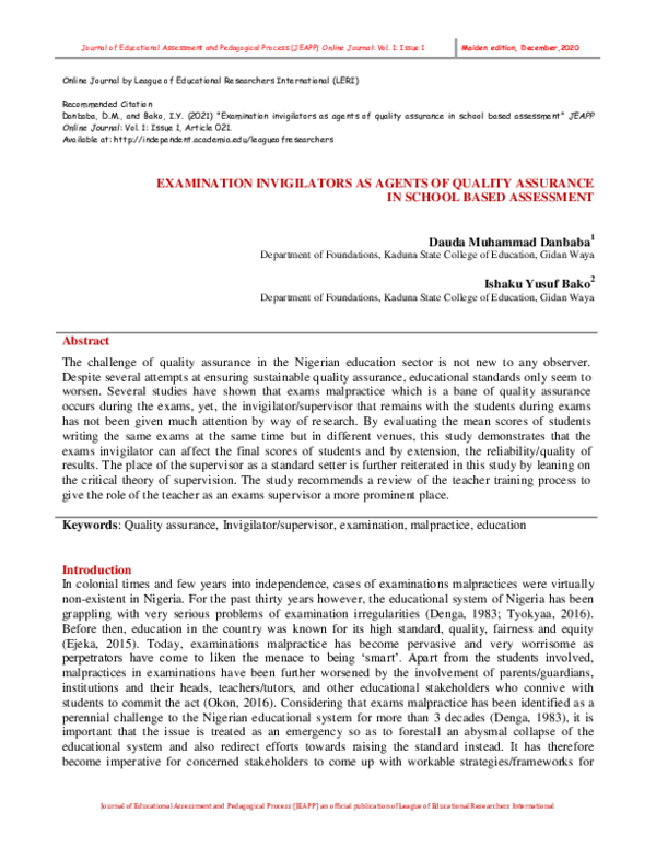 (PDF) EXAMINATION INVIGILATORS AS AGENTS OF QUALITY ASSURANCE IN SCHOOL ...