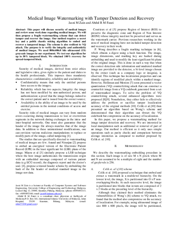 (PDF) Medical Image Watermarking with Tamper Detection and Recovery
