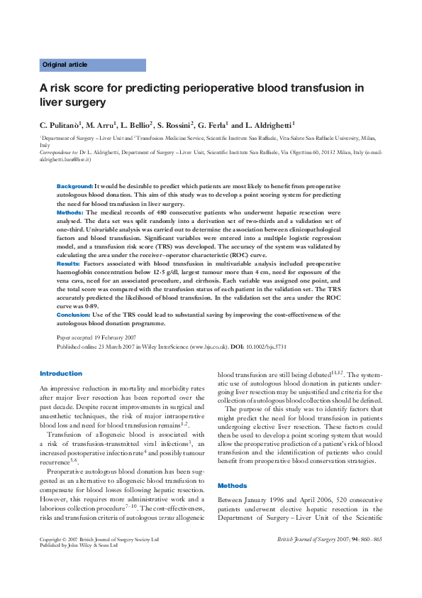 (PDF) A risk score for predicting perioperative blood transfusion in ...