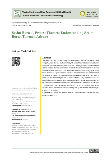 (PDF) Sevim Burak's Protest Theatre: Understanding Sevim Burak Through ...