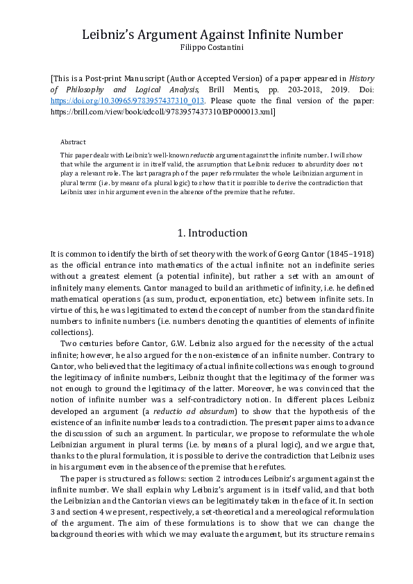 (PDF) Leibniz's Argument Against Infinite Number