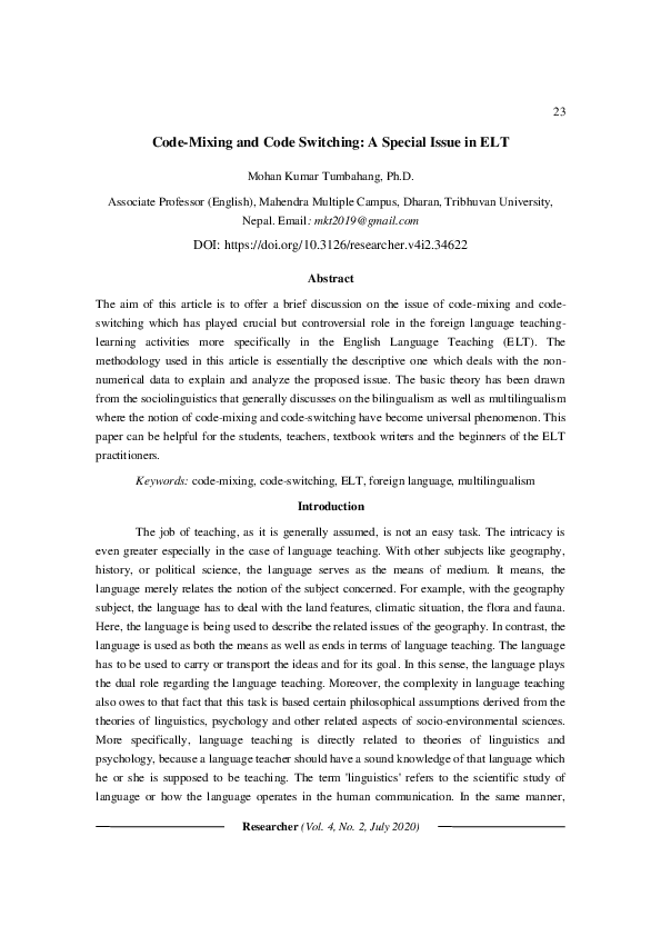 (PDF) Code-Mixing and Code Switching: A Special Issue in ELT