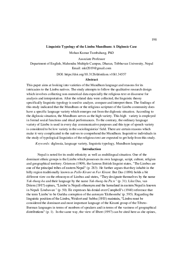 (PDF) Linguistic Typology of the Limbu Mundhum: A Diglossic Case