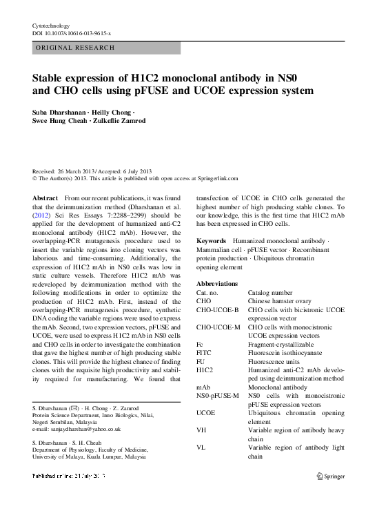 (PDF) Stable expression of H1C2 monoclonal antibody in NS0 and CHO ...