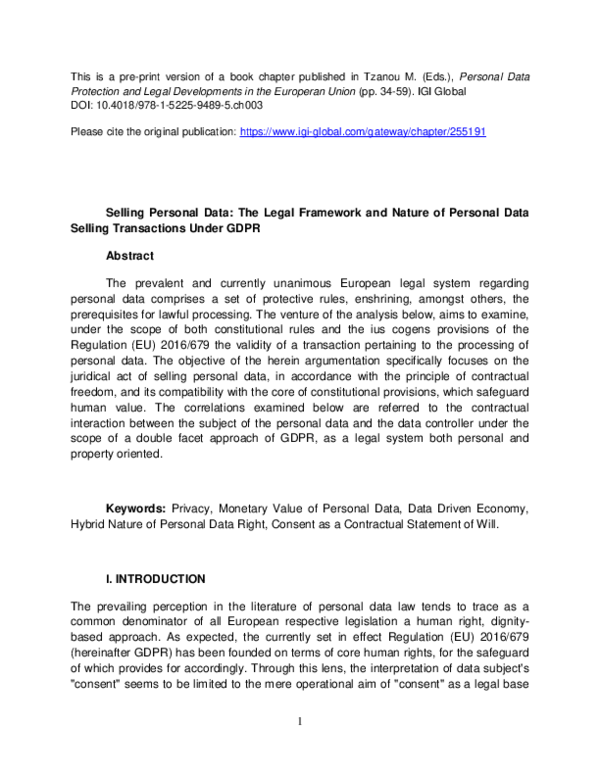 (PDF) Selling Personal Data: The Legal Framework and Nature of Personal ...