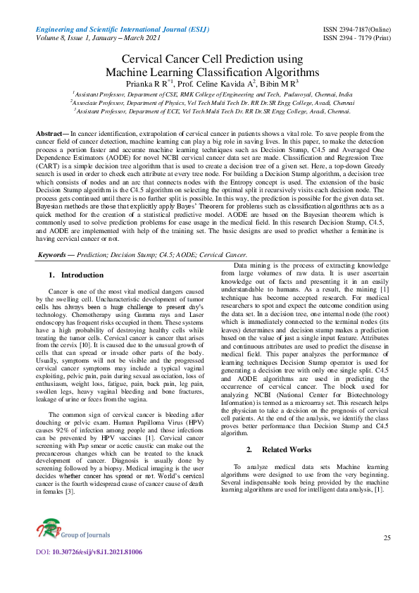 (PDF) Cervical Cancer Cell Prediction using Machine Learning Classification Algorithms