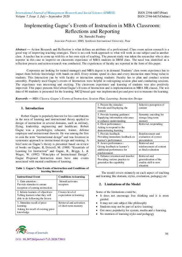 (PDF) Implementing Gagne's Events of Instruction in MBA Classroom ...