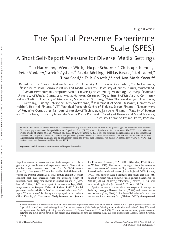 (PDF) The Spatial Presence Experience Scale (SPES). A Short Self-Report ...