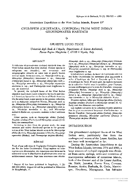 (PDF) Cyclopids (Crustacea, Copepoda) from West Indian Groundwater Habitats