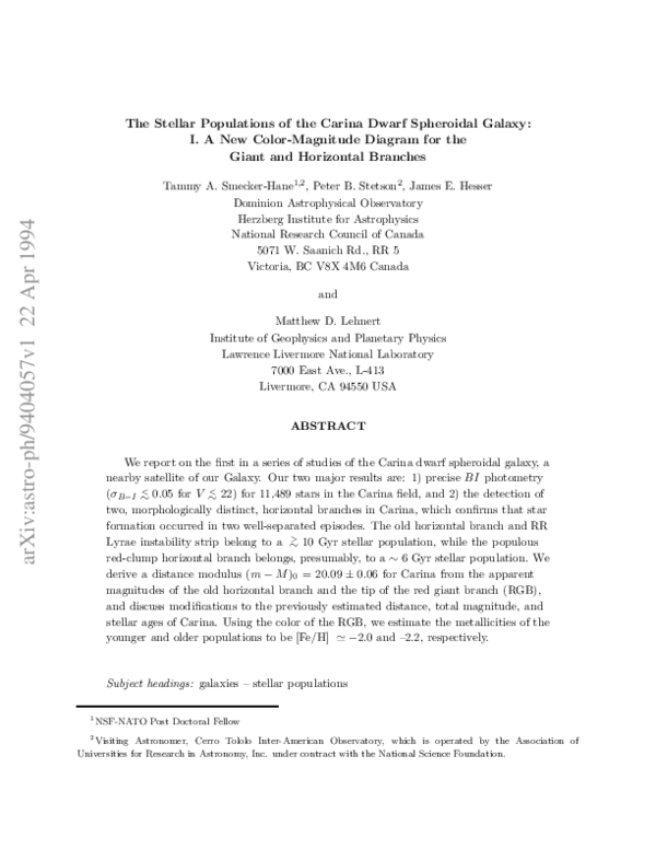 (PDF) The stellar populations of the Carina dwarf spheroidal Galaxy. 1 ...