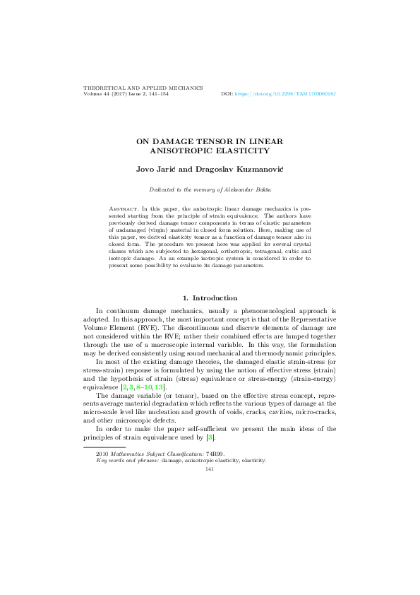 (PDF) On damage tensor in linear anisotropic elasticity