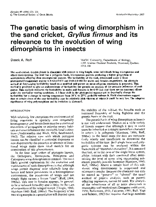 (PDF) The genetic basis of wing dimorphism in the sand cricket, Gryllus ...