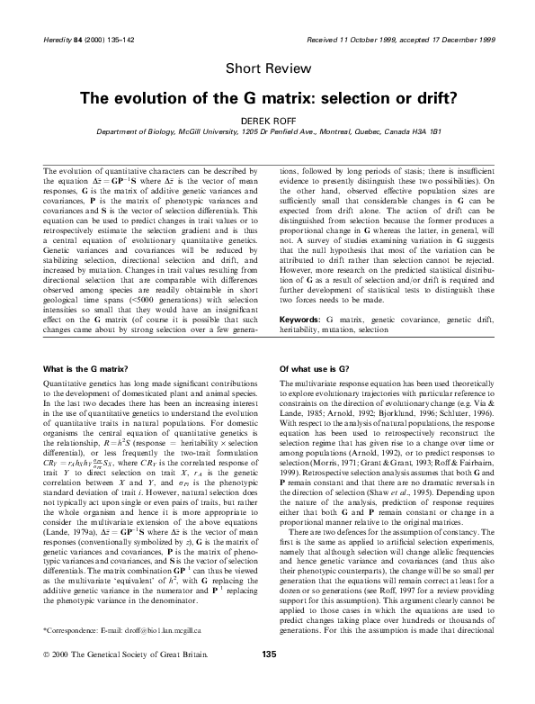 (PDF) The evolution of the G matrix: selection or drift?
