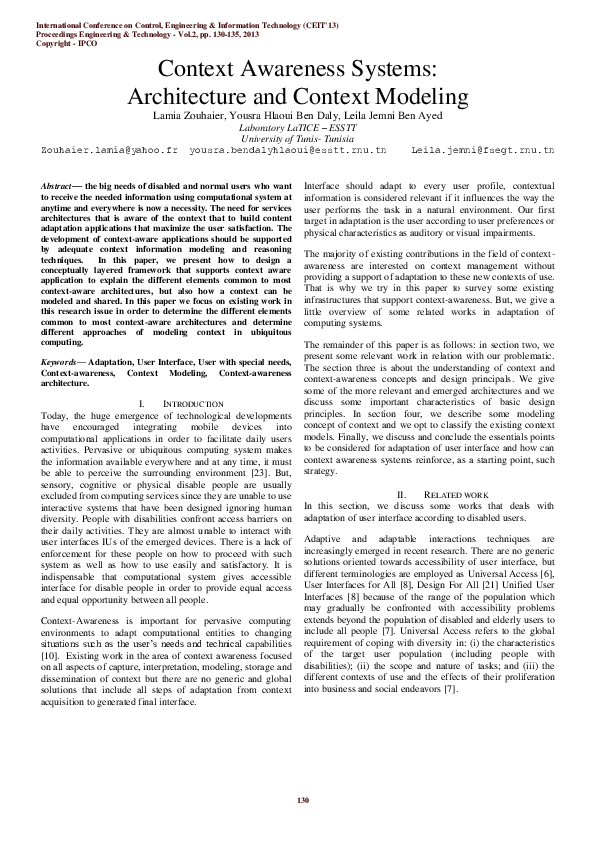 Pdf Context Awareness Systems Architecture And Context Modeling