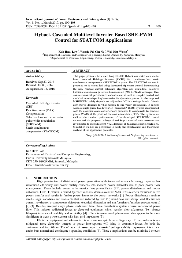 Pdf Flyback Cascaded Multilevel Inverter Based She Pwm Control For Statcom Applications