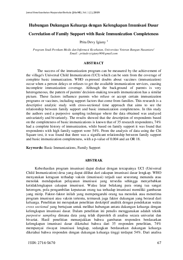 (PDF) Hubungan Dukungan Keluarga dengan Kelengkapan Imunisasi Dasar