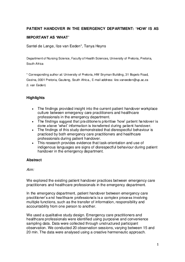 (PDF) Patient handover in the emergency department: ‘How’ is as ...
