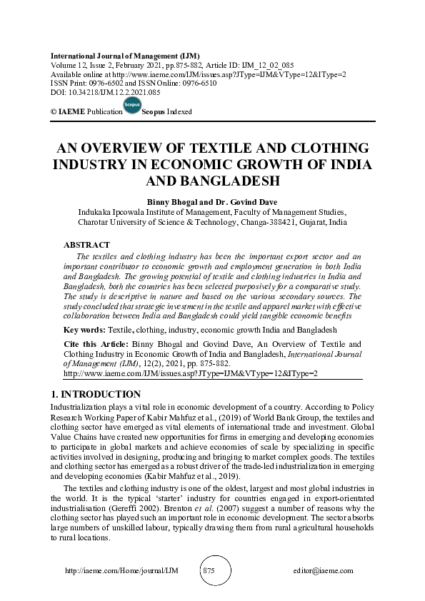 (PDF) AN OVERVIEW OF TEXTILE AND CLOTHING INDUSTRY IN ECONOMIC GROWTH ...