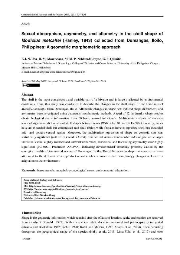 (PDF) Sexual dimorphism, asymmetry, and allometry in the shell shape of ...