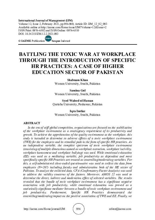 (PDF) BATTLING THE TOXIC WAR AT WORKPLACE THROUGH THE INTRODUCTION OF ...