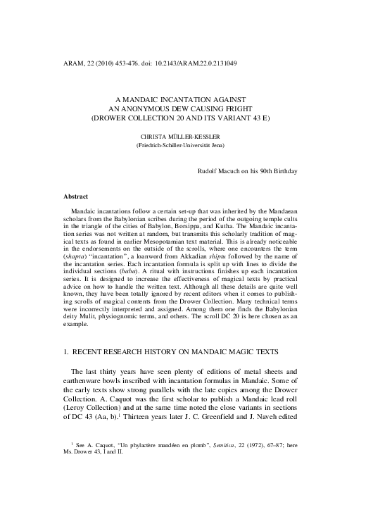 (PDF) A Mandaic Incantation Against an Anonymous Dew Causing Fright ...