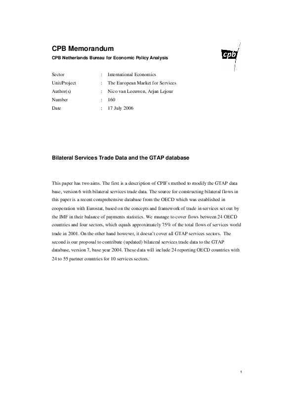 (PDF) Bilateral Services Trade Data and the GTAP database | Arjan ...