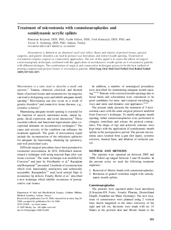 (PDF) Treatment of microstomia with commissuroplasties and semidynamic ...