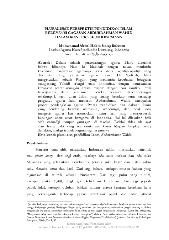 (PDF) PLURALISME PERSPEKTIF PENDIDIKAN ISLAM; RELEVANSI GAGASAN ABDURRAHMAN WAHID DALAM KONTEKS ...